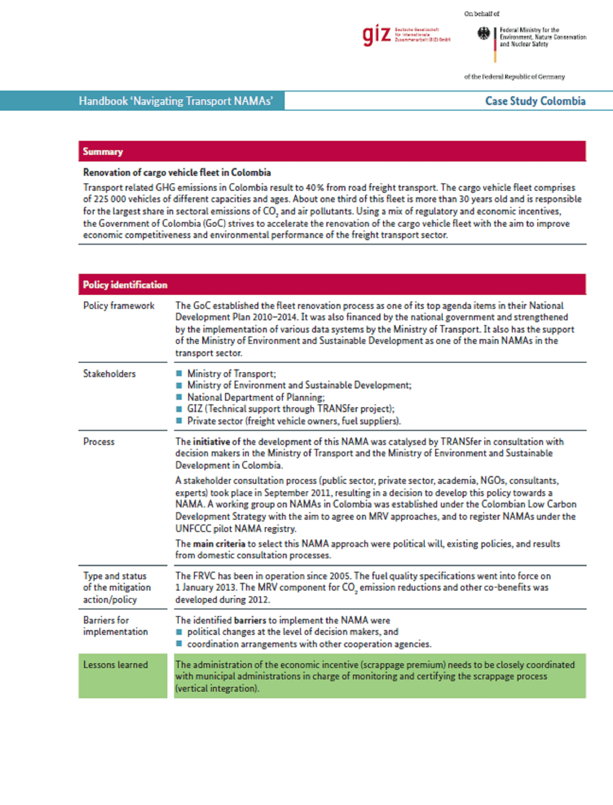 Case Study: Sustainable Road-based Freight Transport Colombia ...